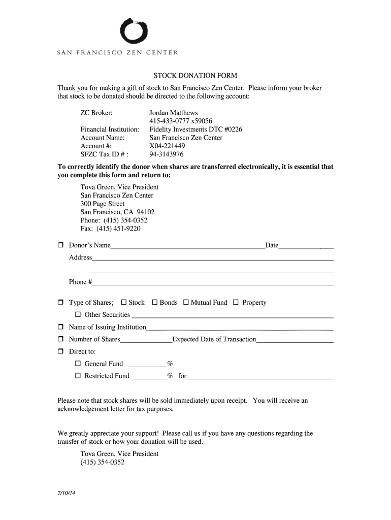 Fillable Online sfzc Our stock donation form - San Francisco Zen Center ...