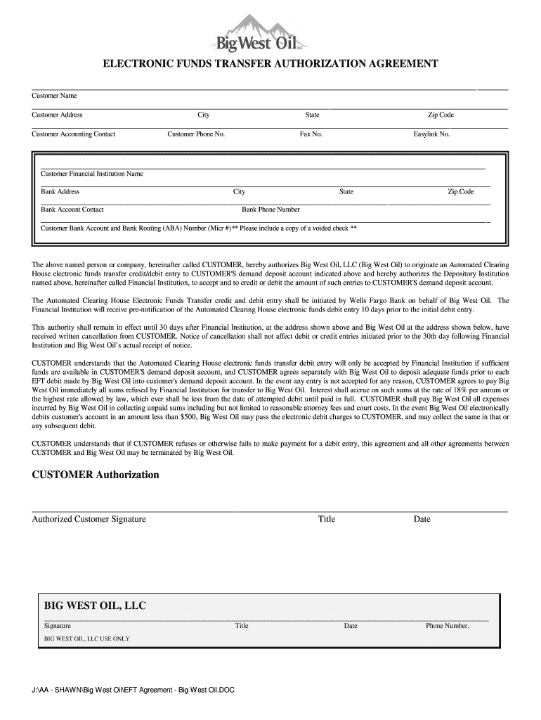 Fillable Online EFT Agreement - Big West Oil.DOC Fax Email Print ...