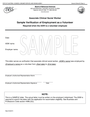 Fillable Online bbs ca Sample Verification of Employment as a Volunteer ...