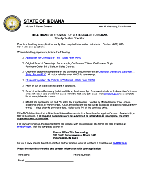 Fillable Online in TITLE TRANSFER FROM OUT OF STATE DEALER TO INDIANA ...
