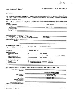 Fillable Online tdi texas MetLife Auto and Home Vehicle Certificate of ...
