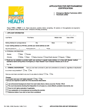 Fillable Online APPLICATION FOR EMT/PARAMEDIC CERTIFICATION: - Florida ...