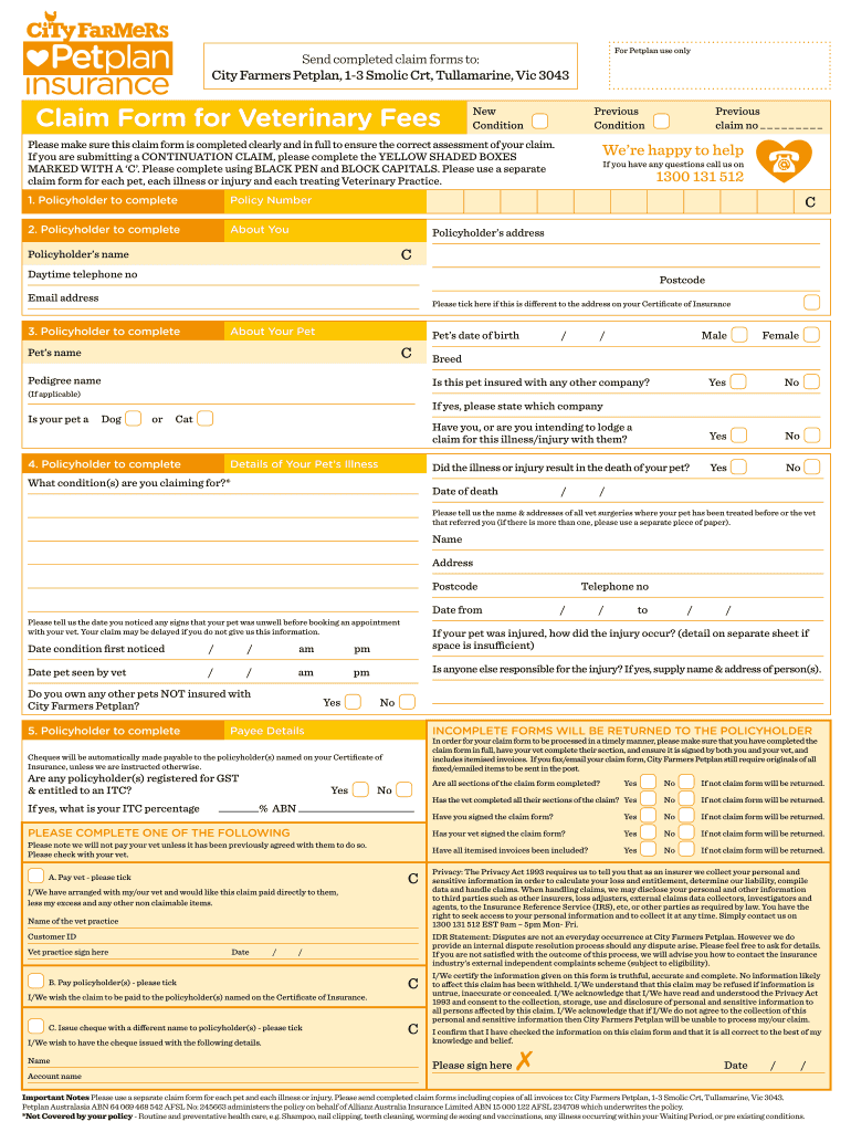Fillable Online Claim Form for Veterinary Fees Previous Condition ...
