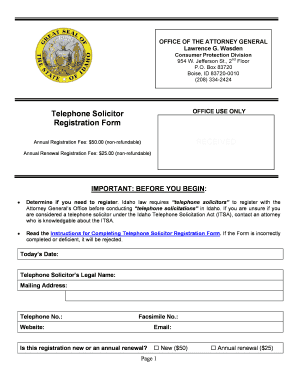 Fillable Online ag idaho Telephone Solicitor Registration Form RECEIVED ...