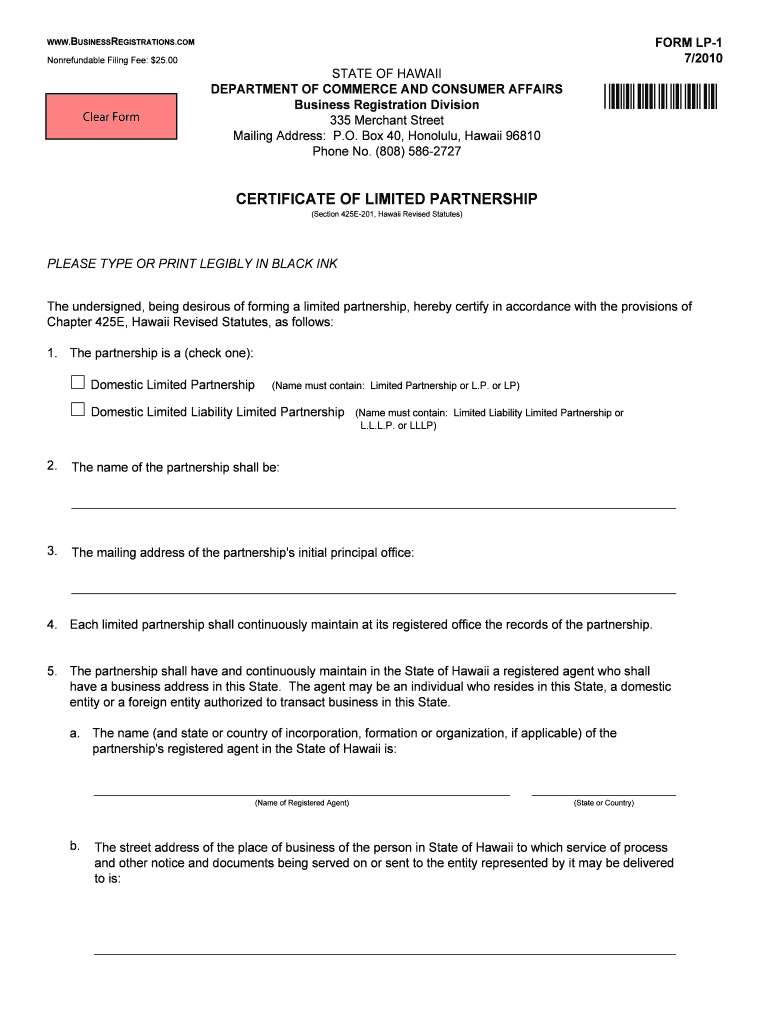 Fillable Online LP-1 Certificate of Limited Partnership. LP-1 ...