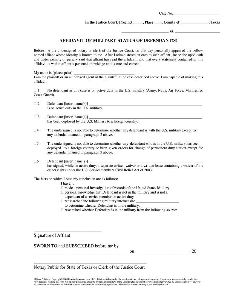 Fillable Online Eviction Resources Universal Military Affidavit Fax ...
