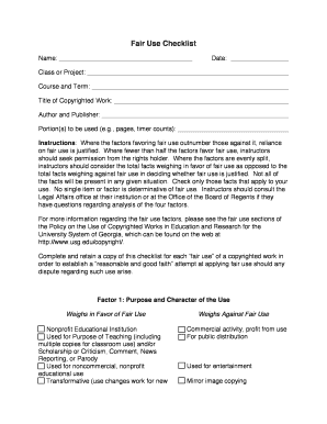 Fillable Online usg USG Copyright Fair Use Checklist - University ...