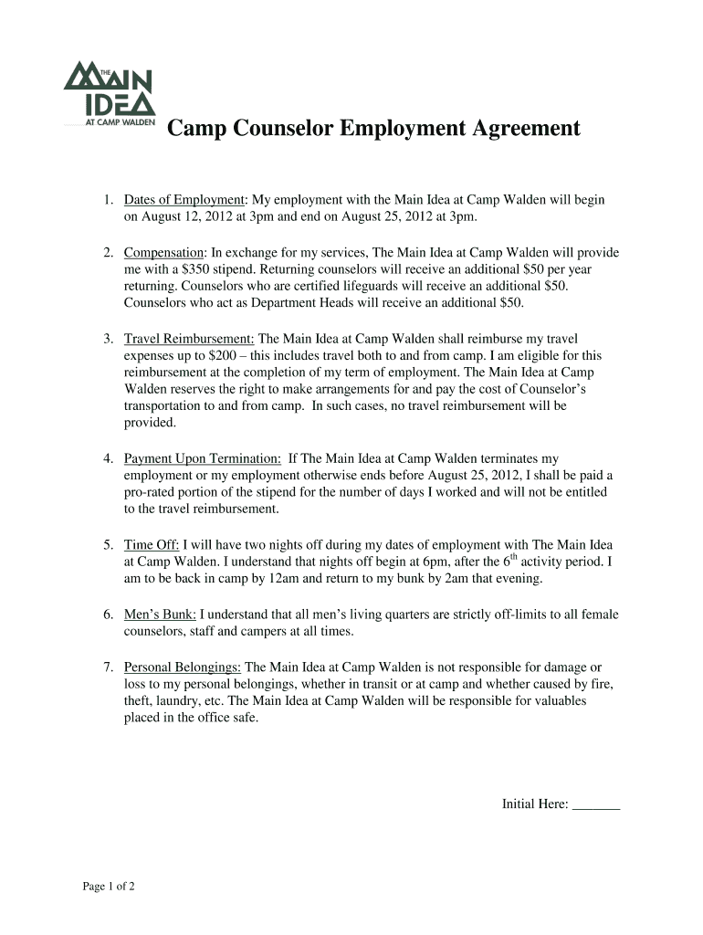 Fillable Online themainidea Camp Counselor Employment Agreement - The ...