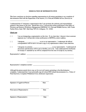 Fillable Online fws DESIGNATION OF REPRESENTATIVE This form constitutes ...