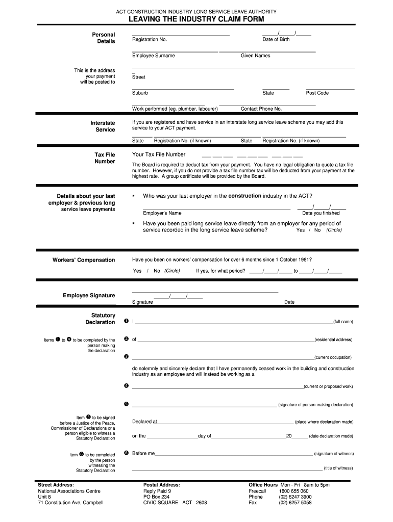 Fillable Online actleave act gov ACT CONSTRUCTION INDUSTRY LONG SERVICE ...