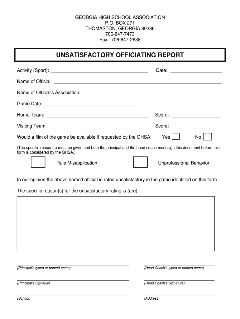 Fillable Online Unsatisfactory Officiating Report - Georgia High School Association Fax Email ...