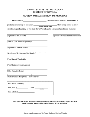 Fillable Online nvd uscourts MOTION FOR ADMISSION TO PRACTICE Fax Email ...