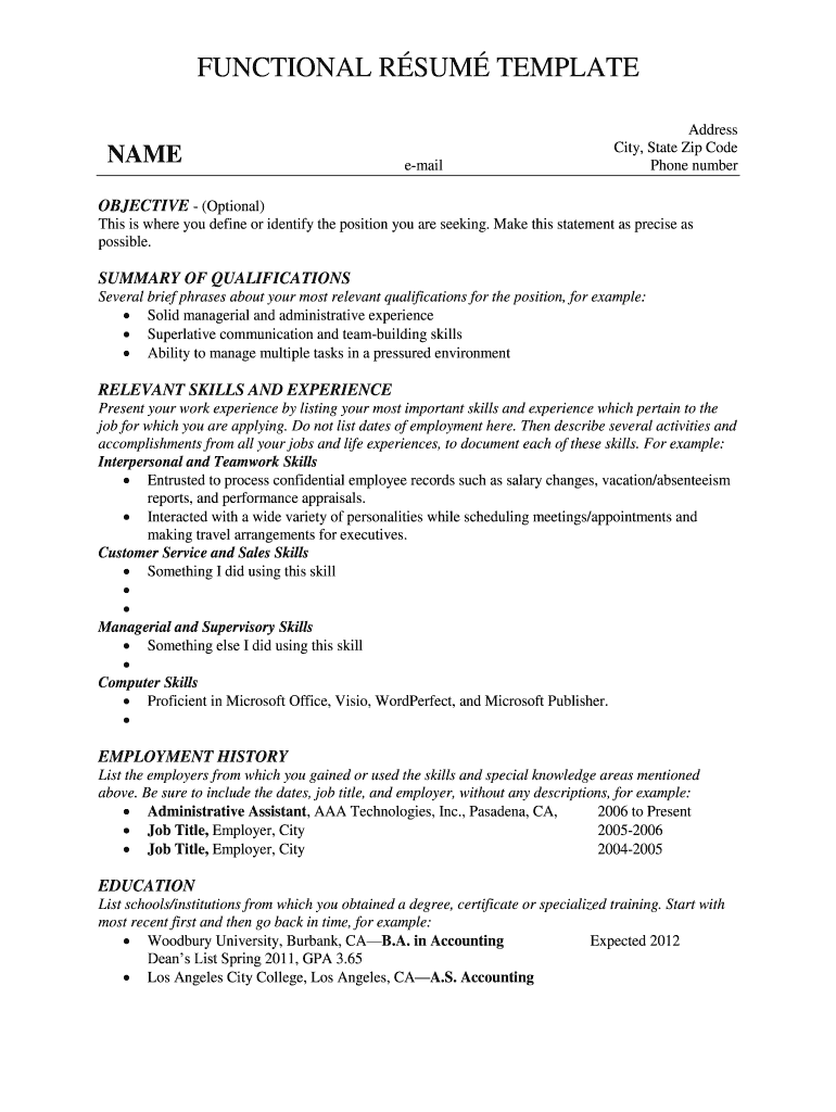 Fillable Online FUNCTIONAL RSUM TEMPLATE Fax Email Print - pdfFiller