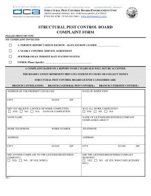 Fillable Online pestboard ca STRUCTURAL PEST CONTROL BOARD-ENFORCEMENT UNIT - COMPLAINT FORM ...
