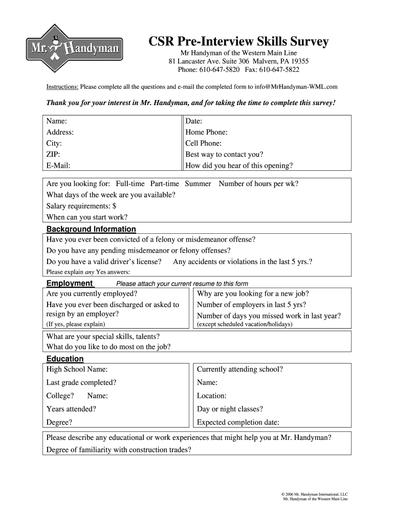 Fillable Online Download CSR Skills Survey - Mr Handyman of the Western ...