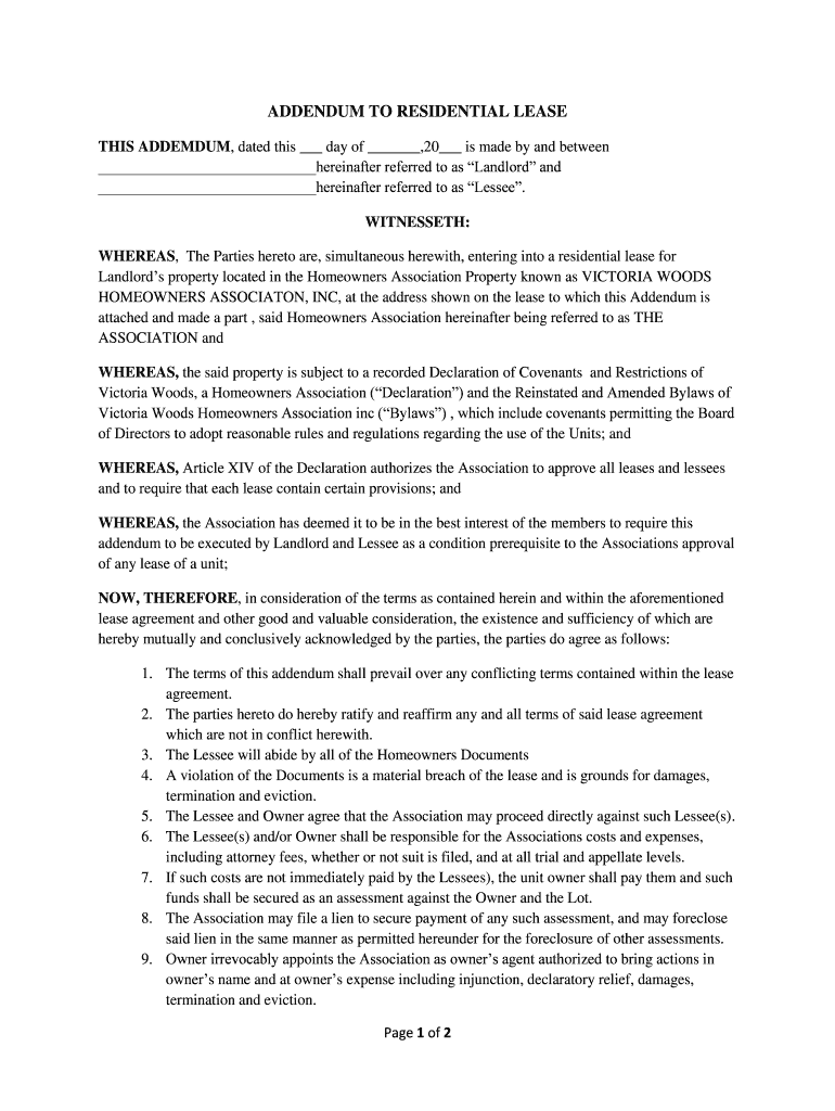Fillable Online ADDENDUM TO RESIDENTIAL LEASE Fax Email Print - pdfFiller