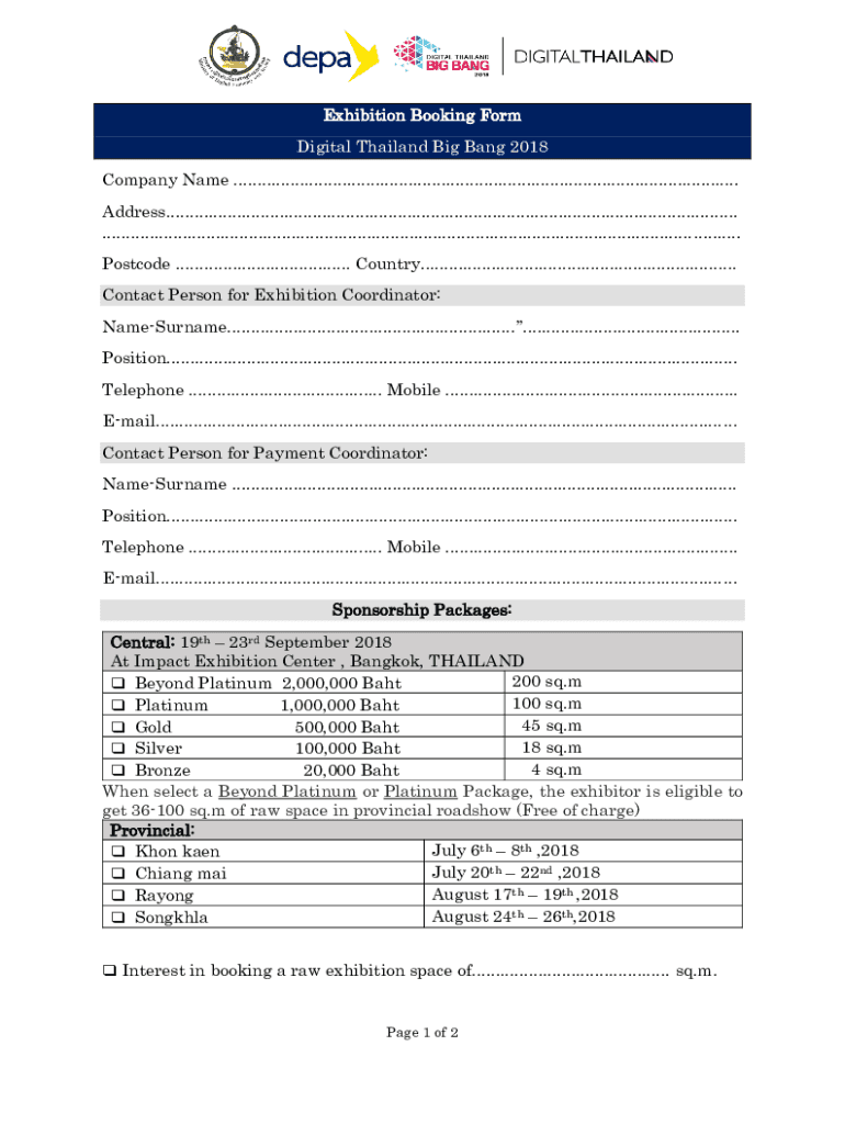 Fillable Online Exhibition Booking Form Digital Thailand Big Bang 2018 ...