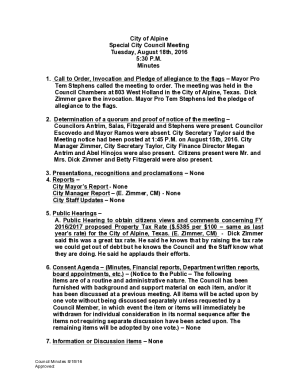 Fillable Online Call to Order, Invocation and Pledge of allegiance to ...