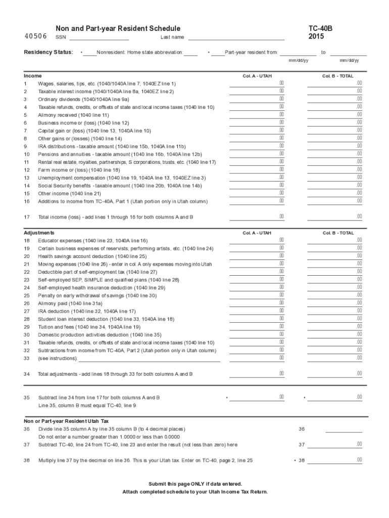 Fillable Online 2015 TC-40B Non and Part-year Resident Schedule. Forms ...