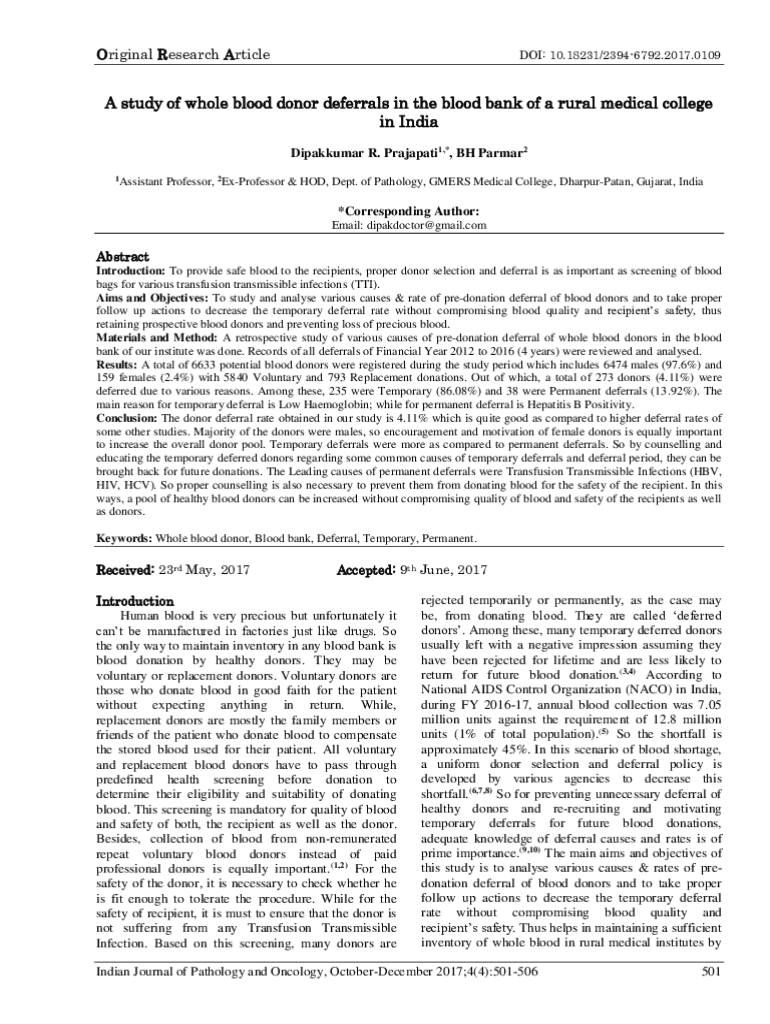 Fillable Online A study of whole blood donor deferrals in the blood ...