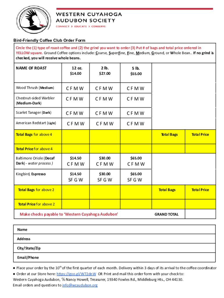 Fillable Online Bird-Friendly Coffee Club Order Form Fax Email Print ...