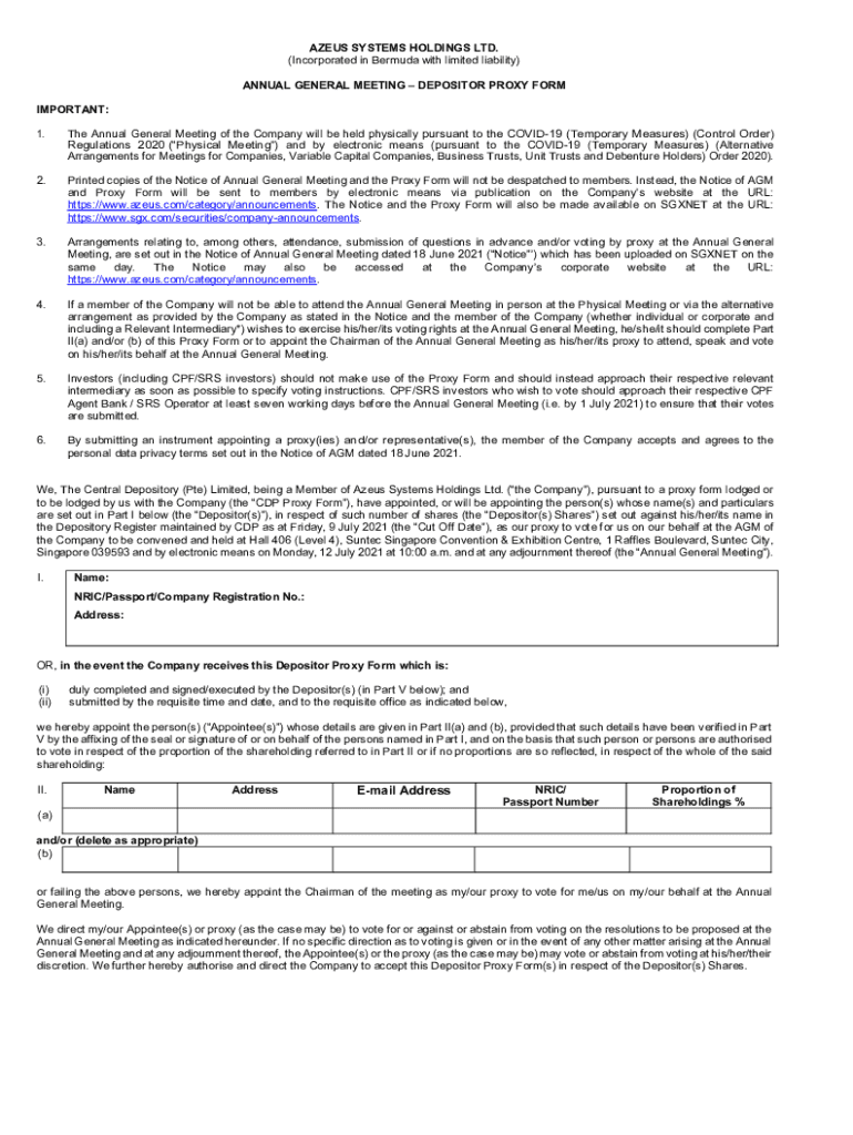 Fillable Online Azeus - Depository Proxy Form.pdf Fax Email Print ...