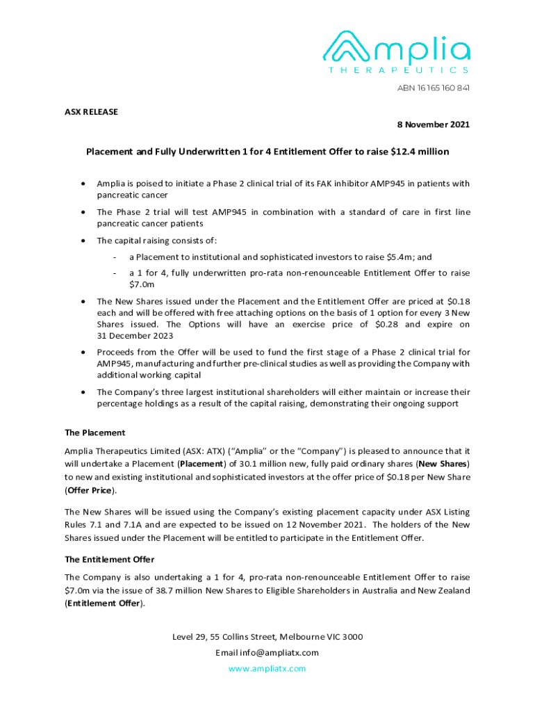 Fillable Online Placement and Fully Underwritten 1 for 4 Entitlement ...