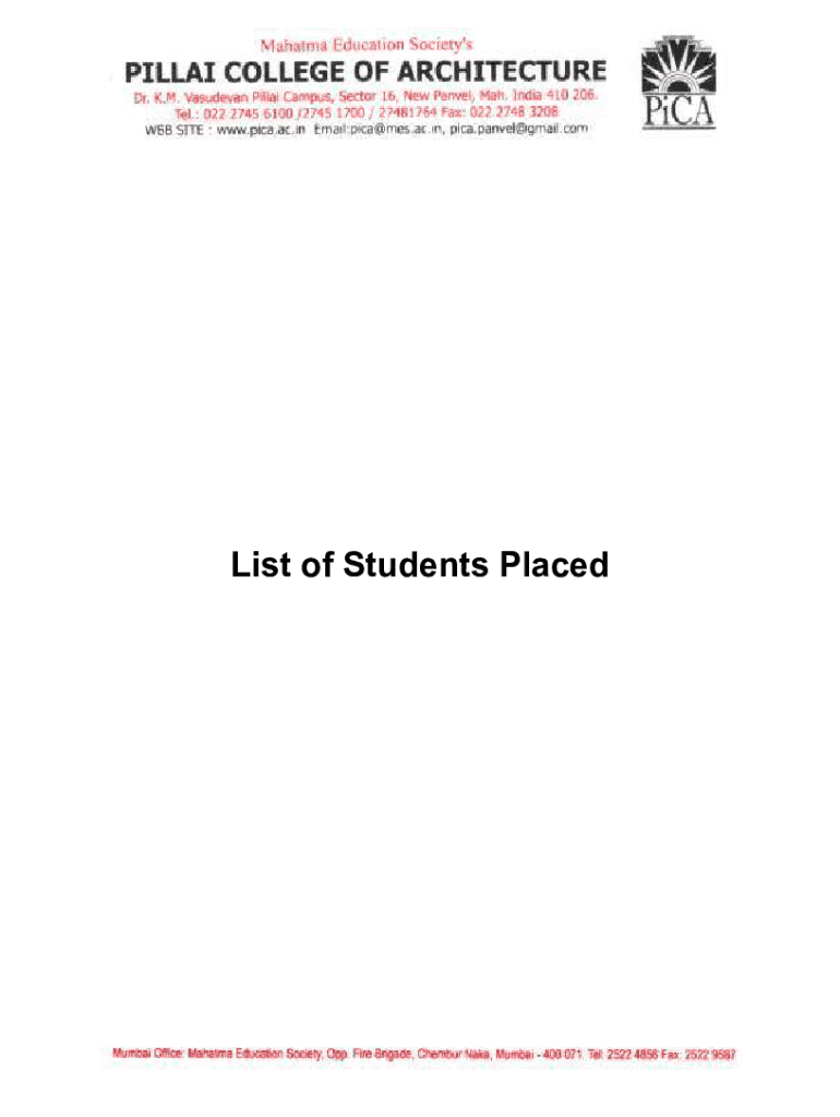 Fillable Online pica ac List of Students Placed Fax Email Print - pdfFiller