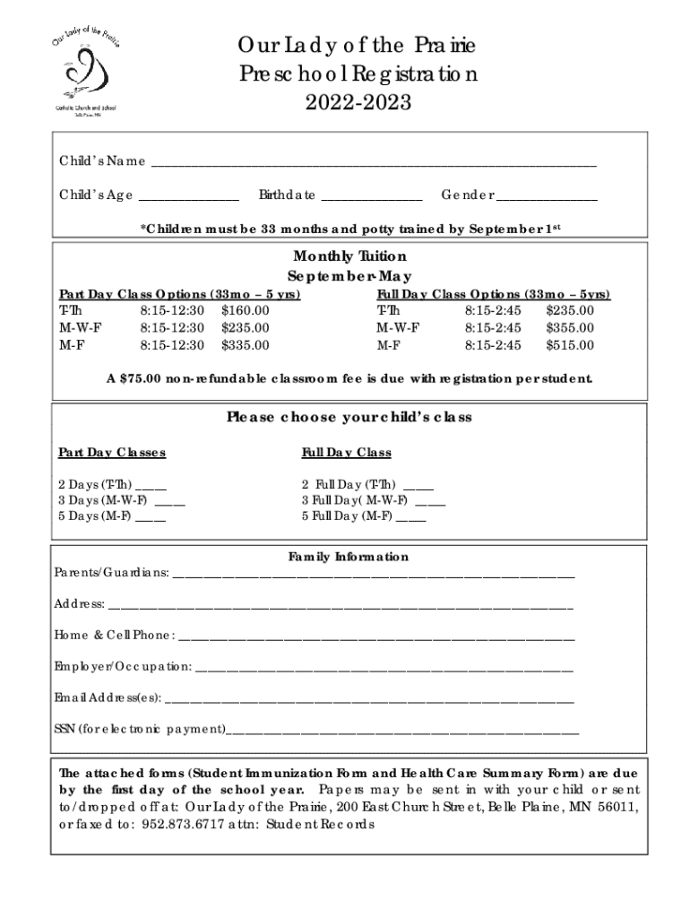 Fillable Online PRESCHOOL REGISTRATION FORM 2024-2025 Child's ... Fax Email Print - pdfFiller