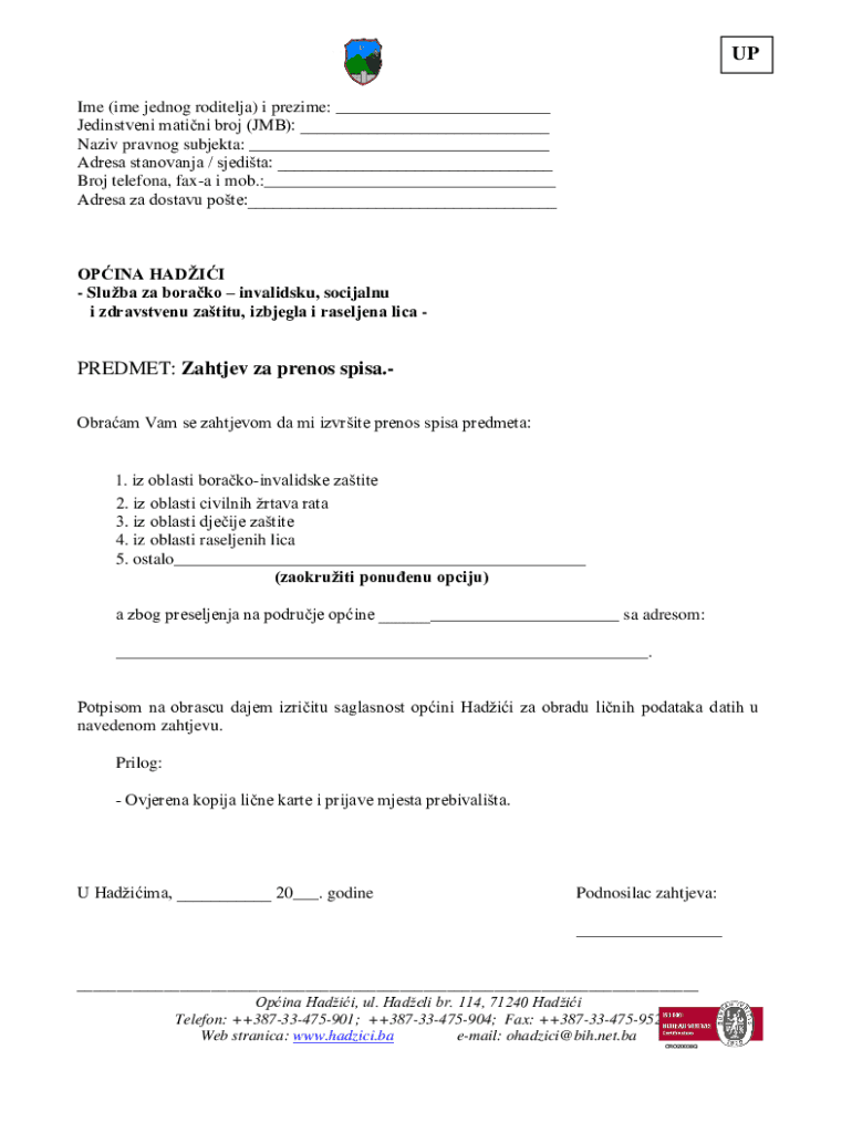 Fillable Online PREDMET: Zahtjev za prenos spisa Fax Email Print - pdfFiller