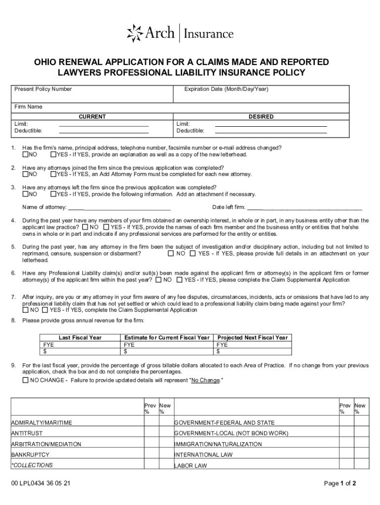 Fillable Online OHIO RENEWAL APPLICATION FOR A CLAIMS MADE ... Fax ...