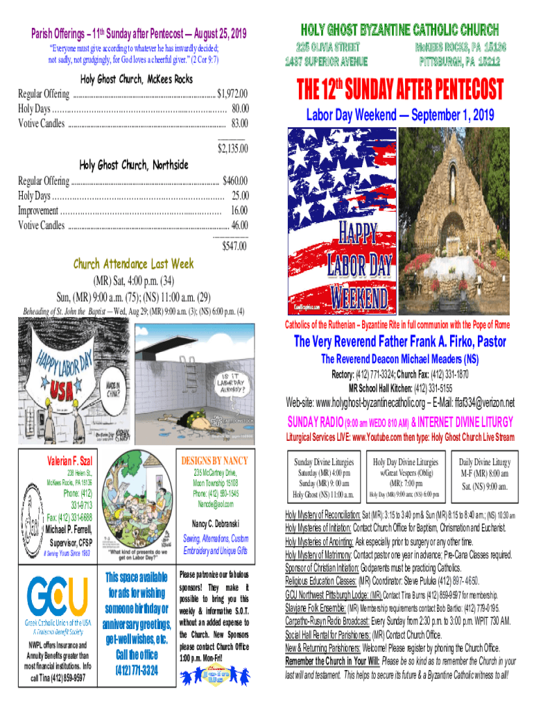 Fillable Online Parish Offerings11th Sunday after Pentecost Fax Email ...