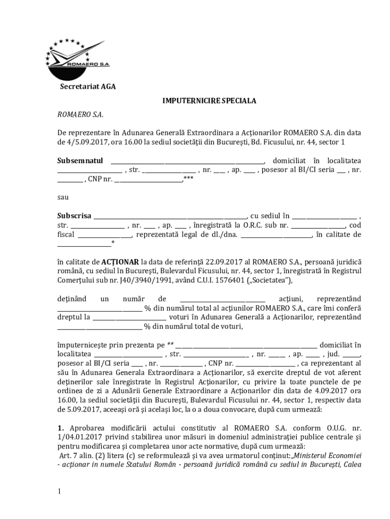 Fillable Online 1 Secretariat AGA IMPUTERNICIRE SPECIALA ... Fax Email ...