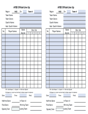 Fillable Online LINEUP CARD - American Youth Soccer Organization Fax ...