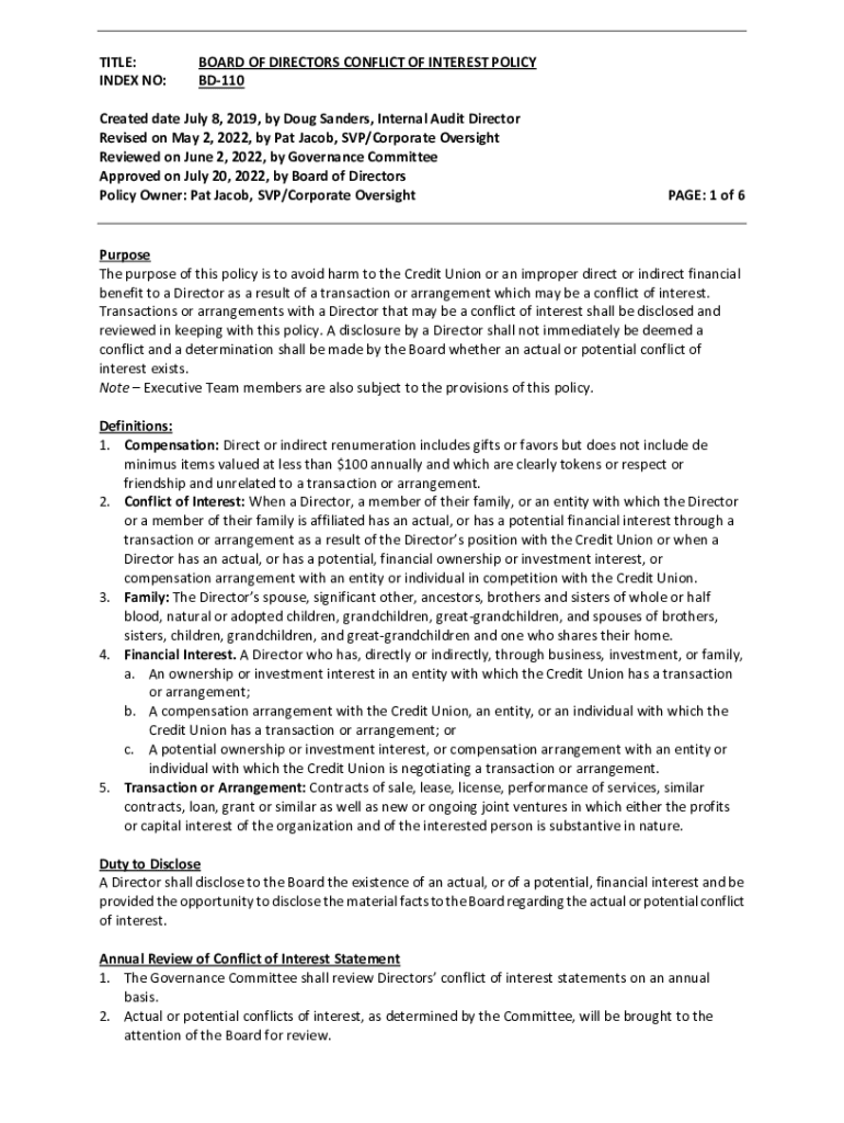 Fillable Online GreenState Credit Union - BD-110 - BOARD OF DIRECTORS ...