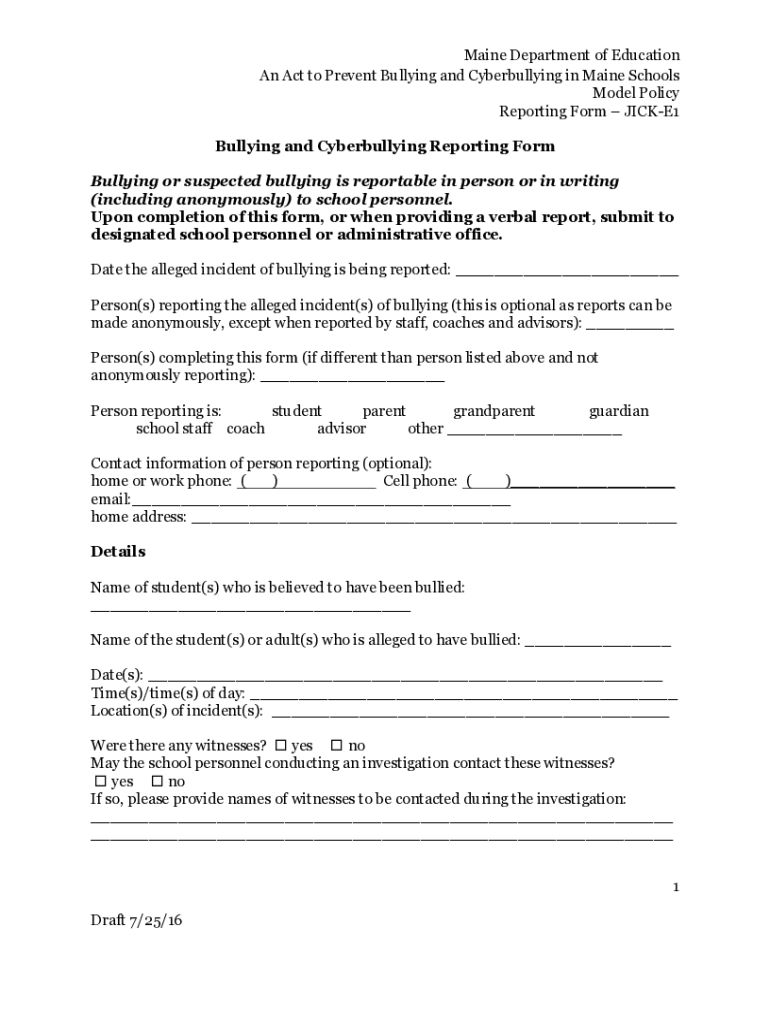 Fillable Online An Act to Prevent Bullying and Cyberbullying in Maine ...