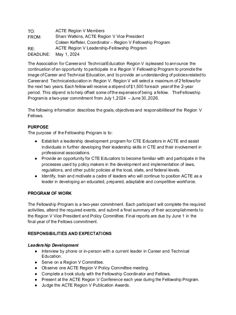 Fillable Online TO: FROM: RE: ACTE Region V Members Shani Watkins, ACTE ...