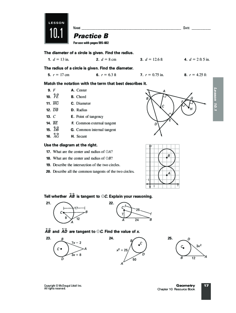 Fillable Online 10.1 Practice ABC - Lesson 10. 1 LESSON The diameter of... Fax Email Print ...