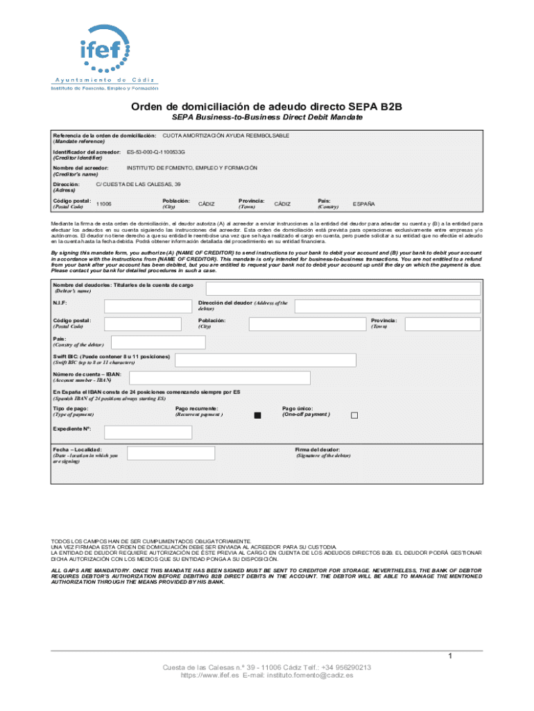 Completable En línea Orden de domiciliacin de adeudo directo-SEPA B2B ...