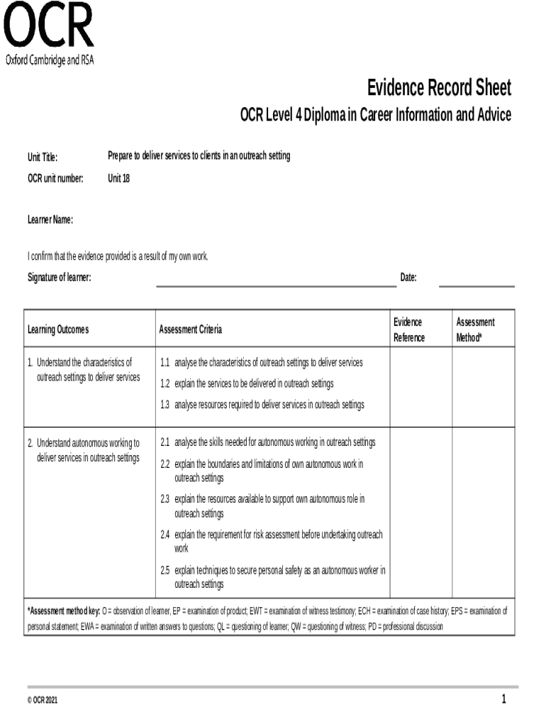 Level 4 Unit 18 Evidence Record Shee. Career Ination and Advice Doc ...