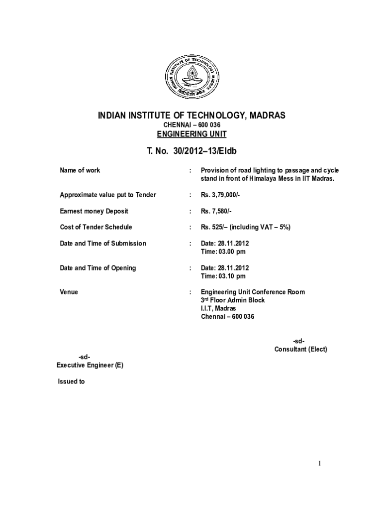 Fillable Online tenders iitm ac Tender Document for supply and installation of customized ...