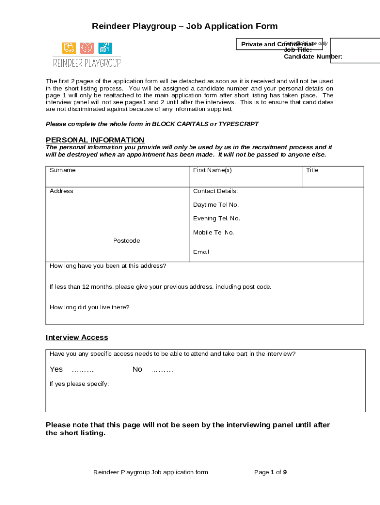 Reindeer Playgroup - Job Application Doc Template | pdfFiller