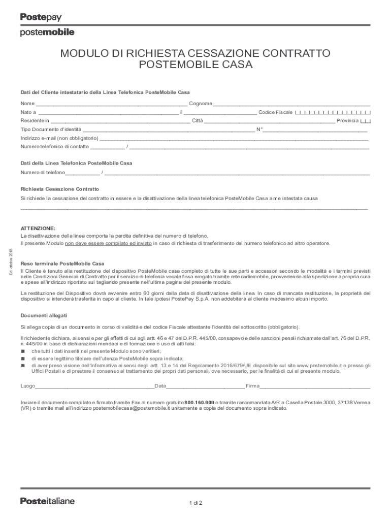 Compilabile Online Disdetta PosteMobile Casa: Guida e Modulo Fax Email ...