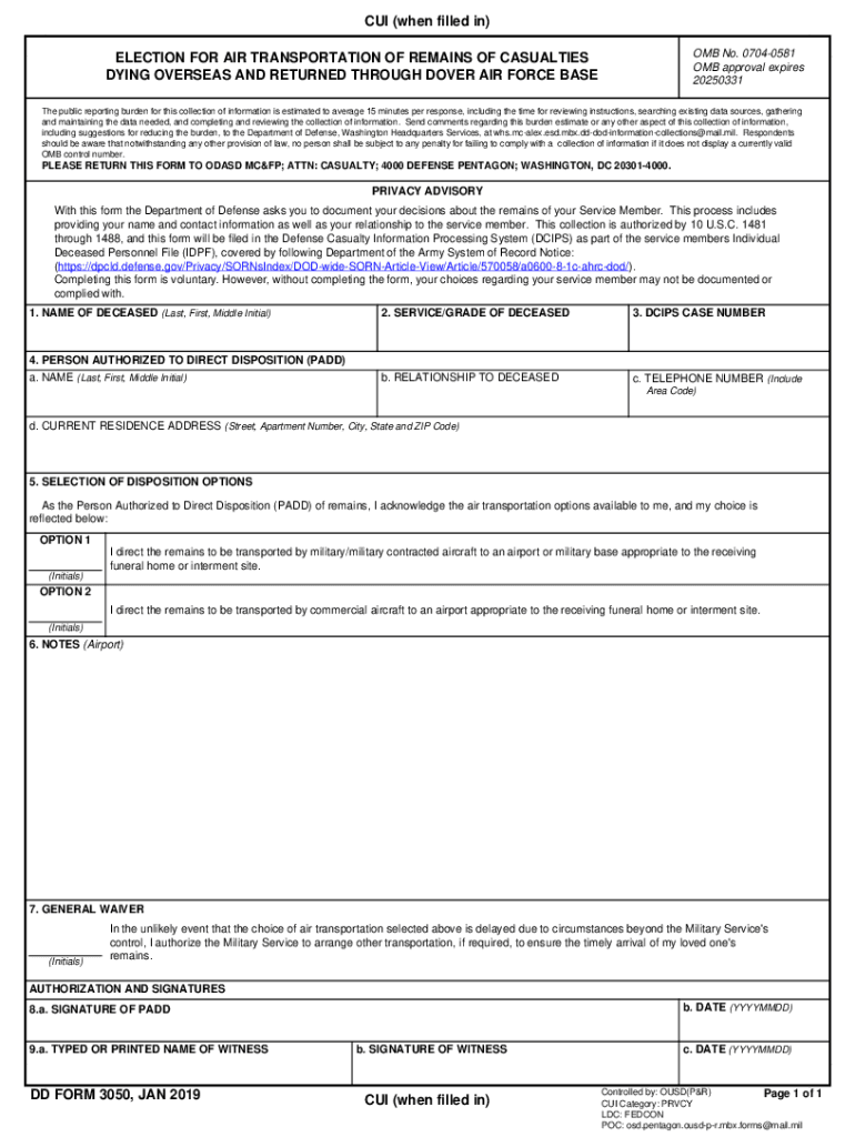 Fillable Online DD Form 3050, "ELECTION FOR AIR TRANSPORTATION OF ...