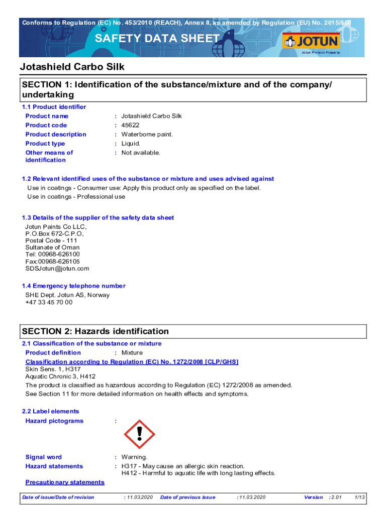 Fillable Online Jotashield Carbo Silk - SAFETY DATA SHEET Fax Email Print - pdfFiller