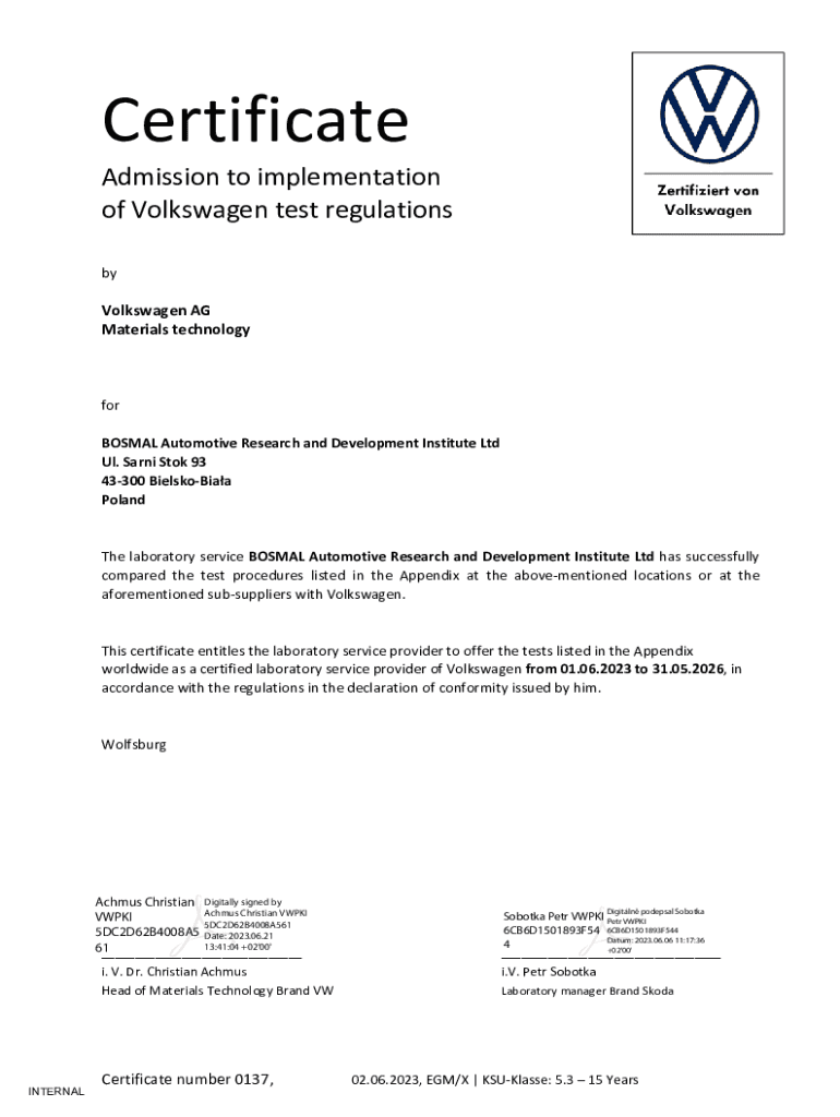Fillable Online Certificate. Admission to implementation of Volkswagen ... Fax Email Print ...