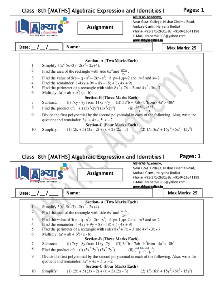 Fillable Online 8th Maths Algebraic Expression and Identities I Assignment I Fax Email Print ...