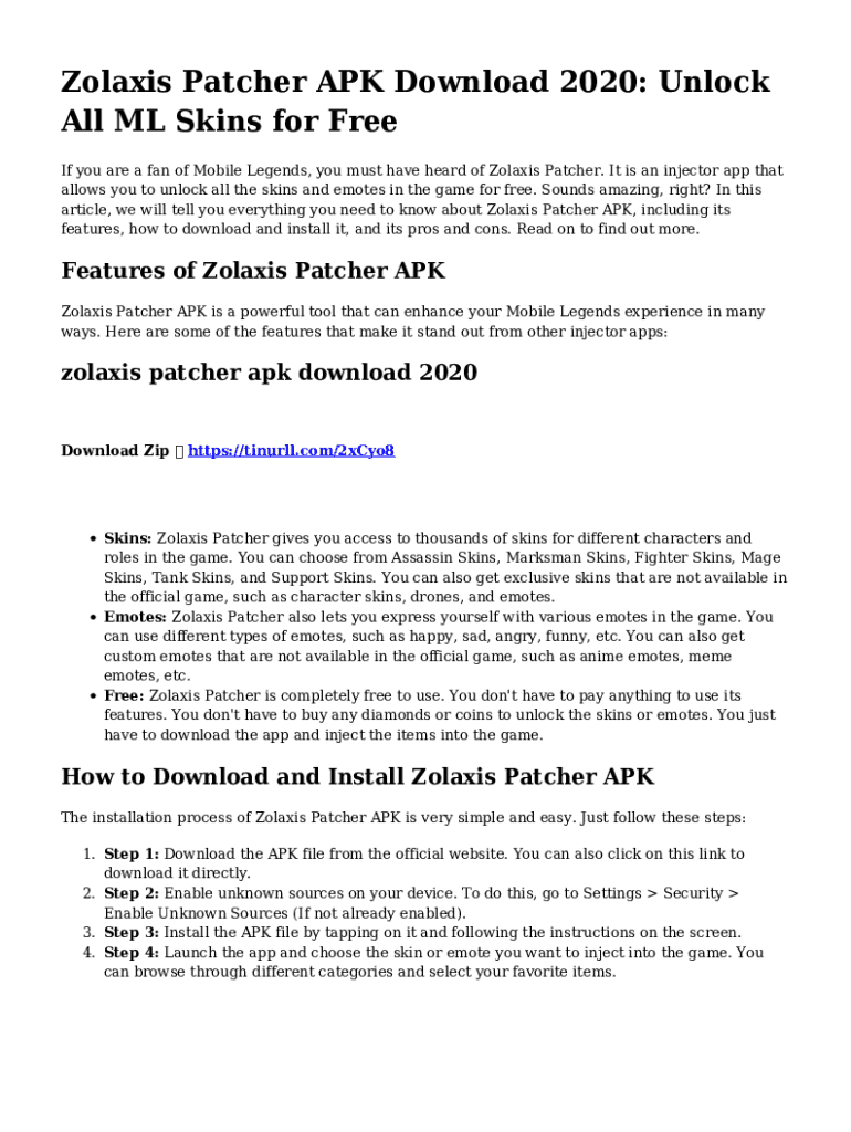 Zolaxis Patcher - Fill Online, Printable, Fillable, Blank | pdfFiller