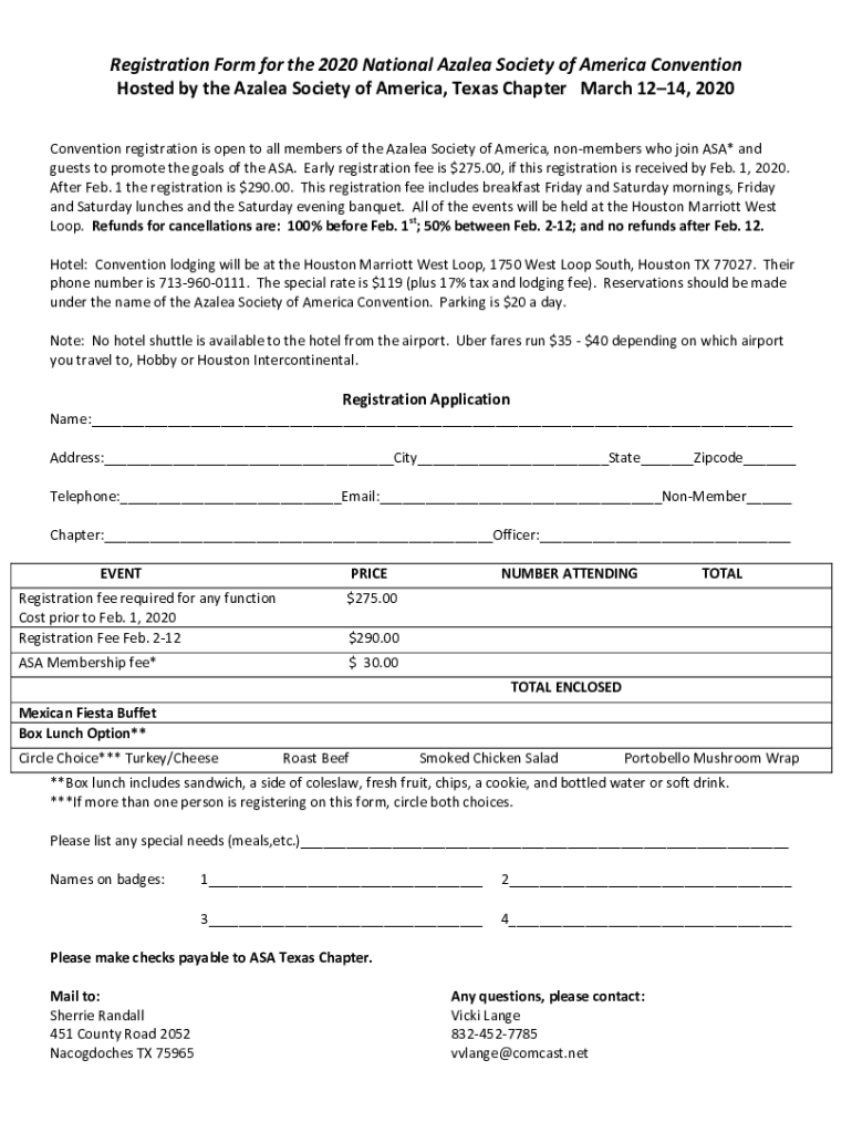 Fillable Online Registration Form for the 2020 National Azalea Society ...