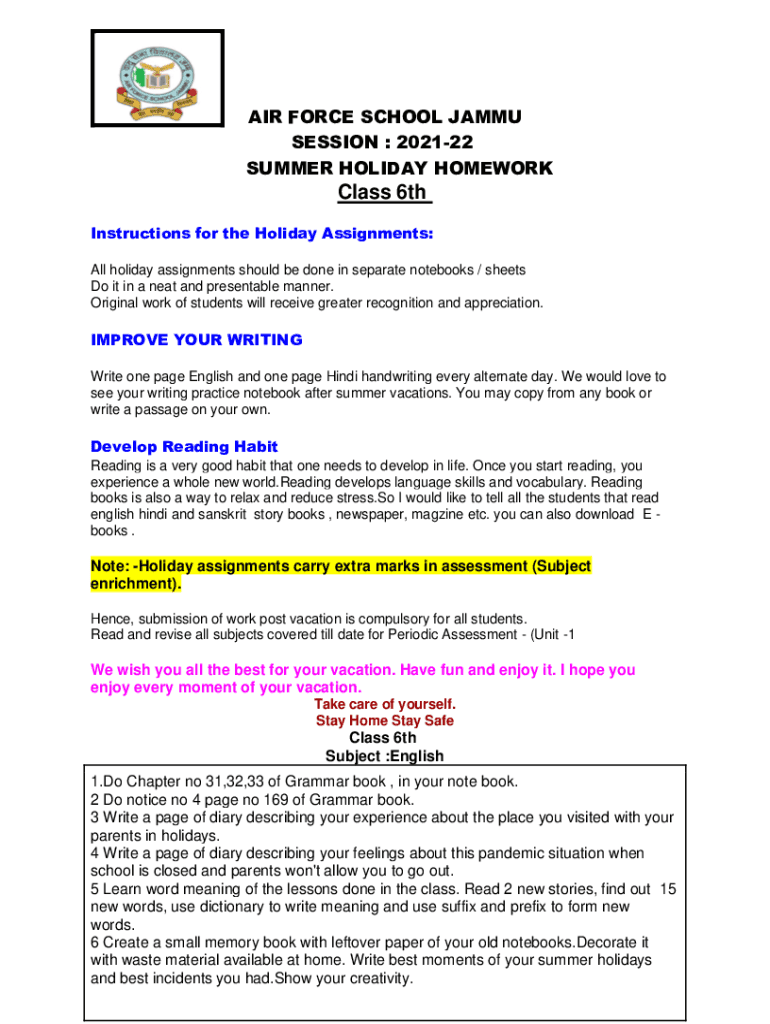 Fillable Online Summer Holiday Homework Design & Decoration Notebook ...